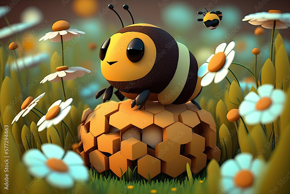 Cute 3d Cartoon Bee in a Field of Flowers, generative AI Stock ...
