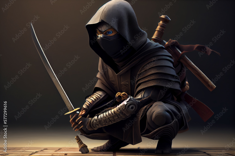 Ninja kneeling posing with a sword Generative AI technology. Stock ...