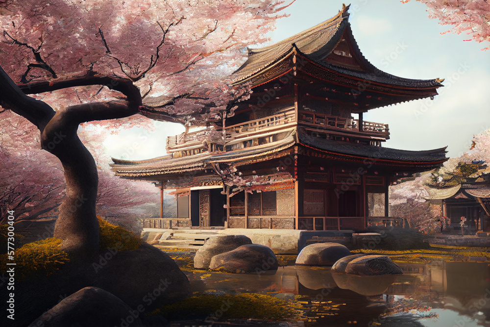 Oriental landscape with japanese traditional building close to river ...