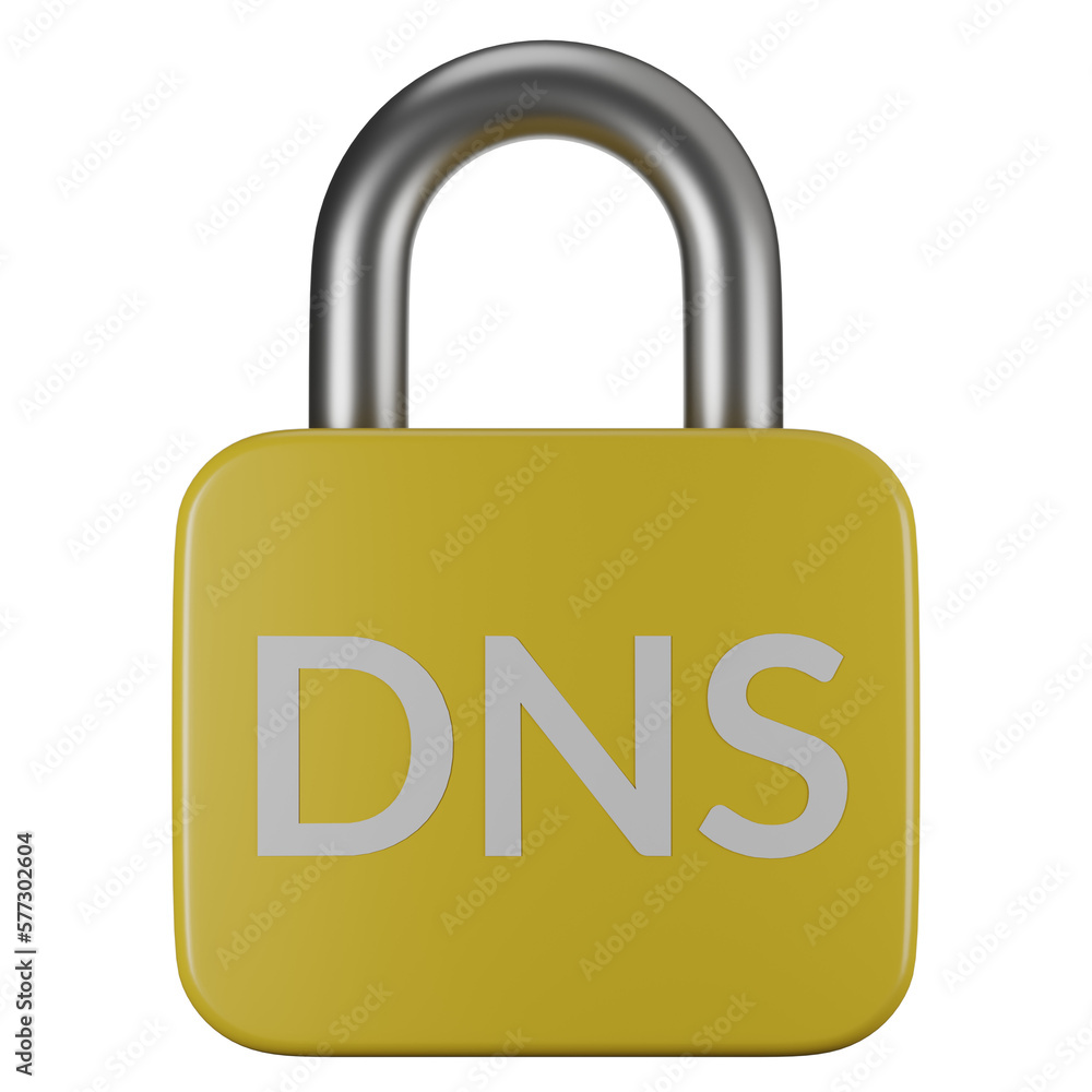 3d illustration of yellow lock dns text icon logo with transparent ...