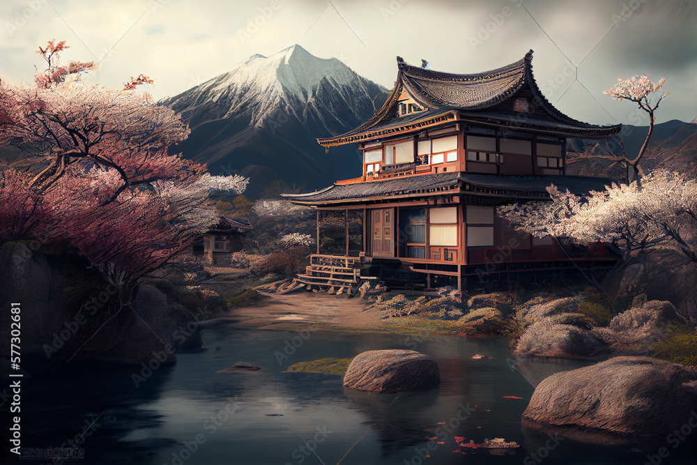 Beautiful Japonese garden with cherry blossom, sakura, with water lake ...