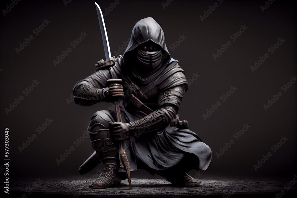 Ninja kneeling posing with a sword Generative AI technology. Stock ...