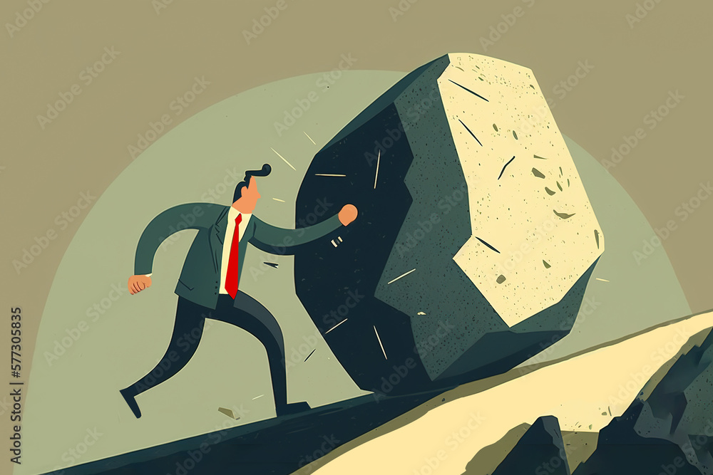Businessman Push Heavy Stone Up the Hill For Hard Working Concept ...