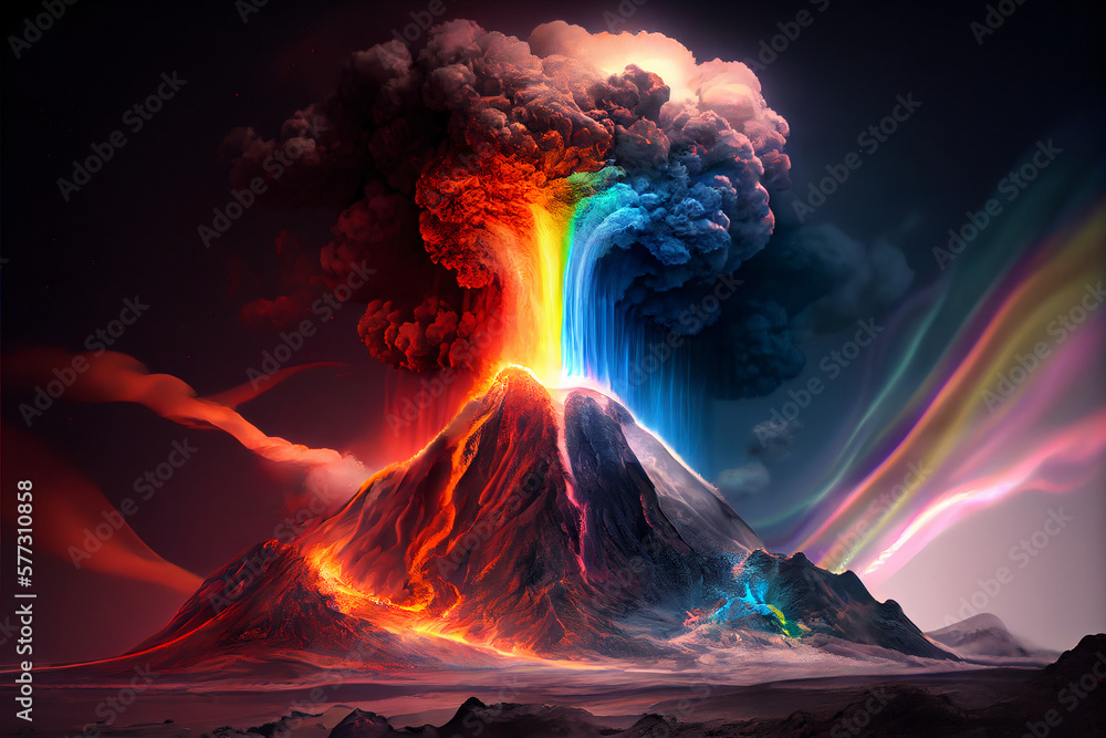 Volcano erupts rainbow at night with lightning and flowing lava Stock ...