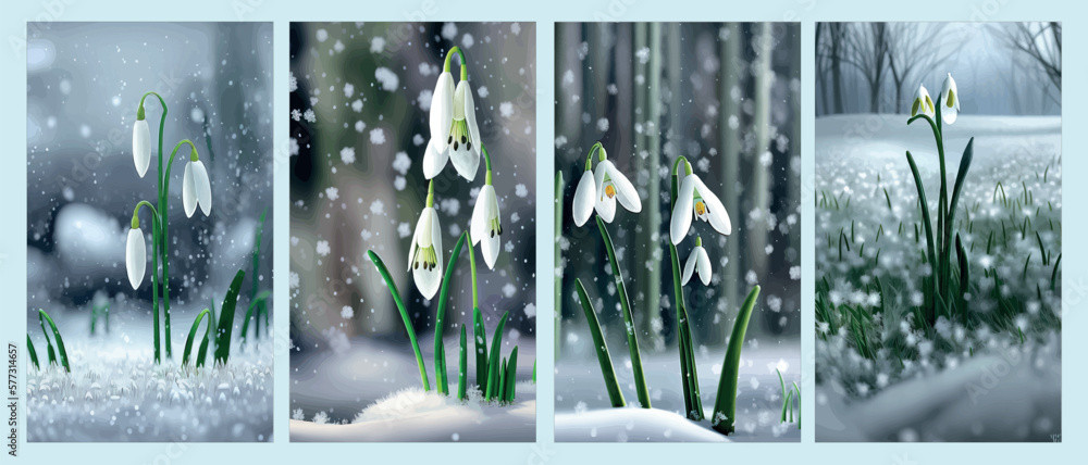 Snowfall Beautiful blooming snowdrop flowers in forest under snow ...