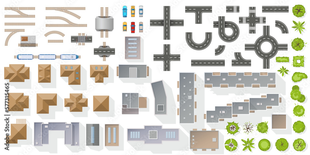 Set of Architectural and Landscape elements top view. Building, tree ...