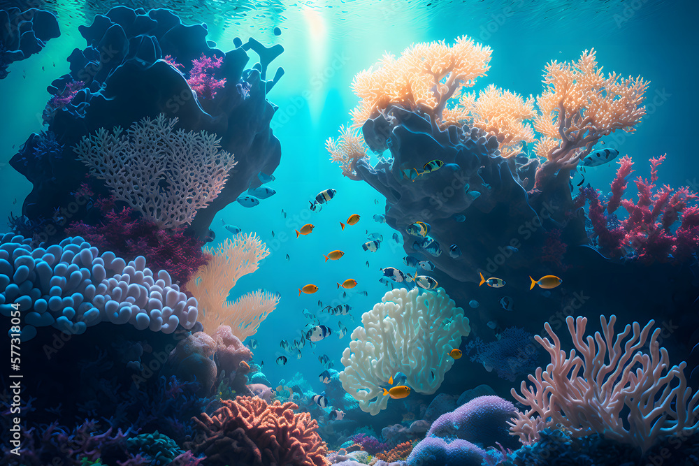 Aqua scene with corals and many fish on blue underwater background ...