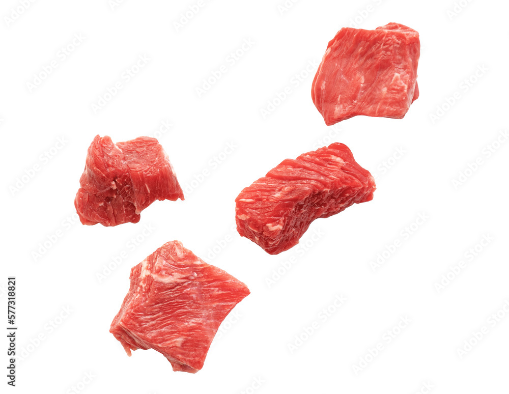 Pieces of raw beef meat falling and isolated on white and transparent ...