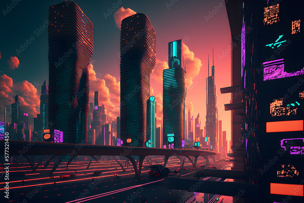 Synthwave retro cityscape with modern futuristic buildings and neon ...