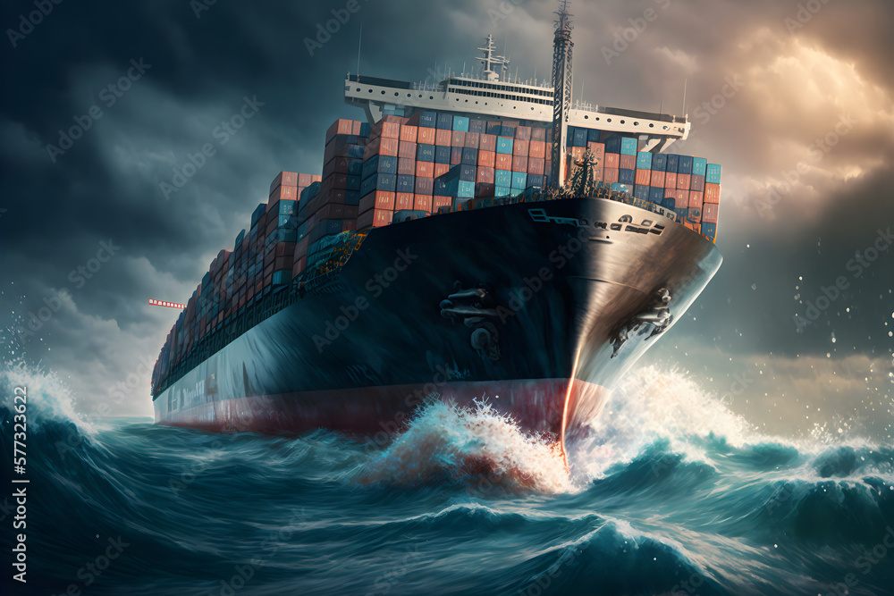 Front view from bow of a large blue shipping container ship in the ...