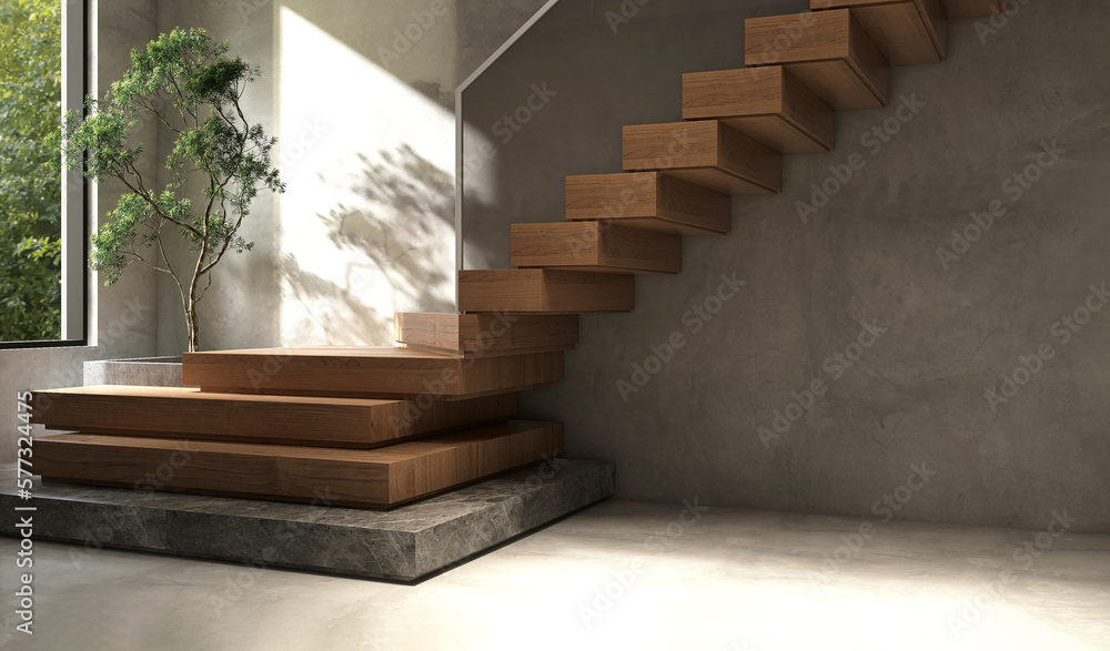 Photo & Art Print Modern, elegant L shape wood cantilever stair with ...