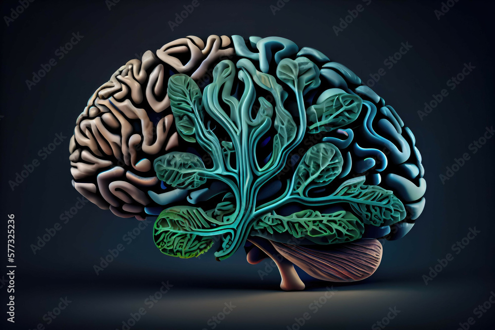 A detailed illustration of a brain with a mental health awareness logo ...