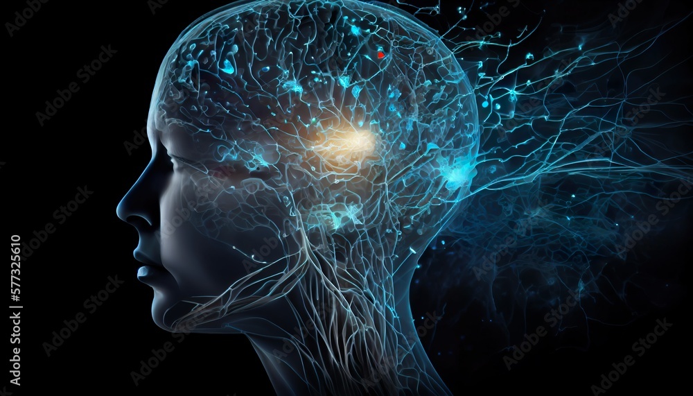 Human head with glowing neurons in brain. Esoteric and meditation ...