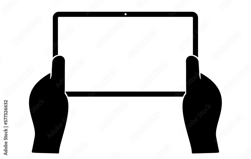 hand holding tablet pc icon on transparent background. Hands using ...