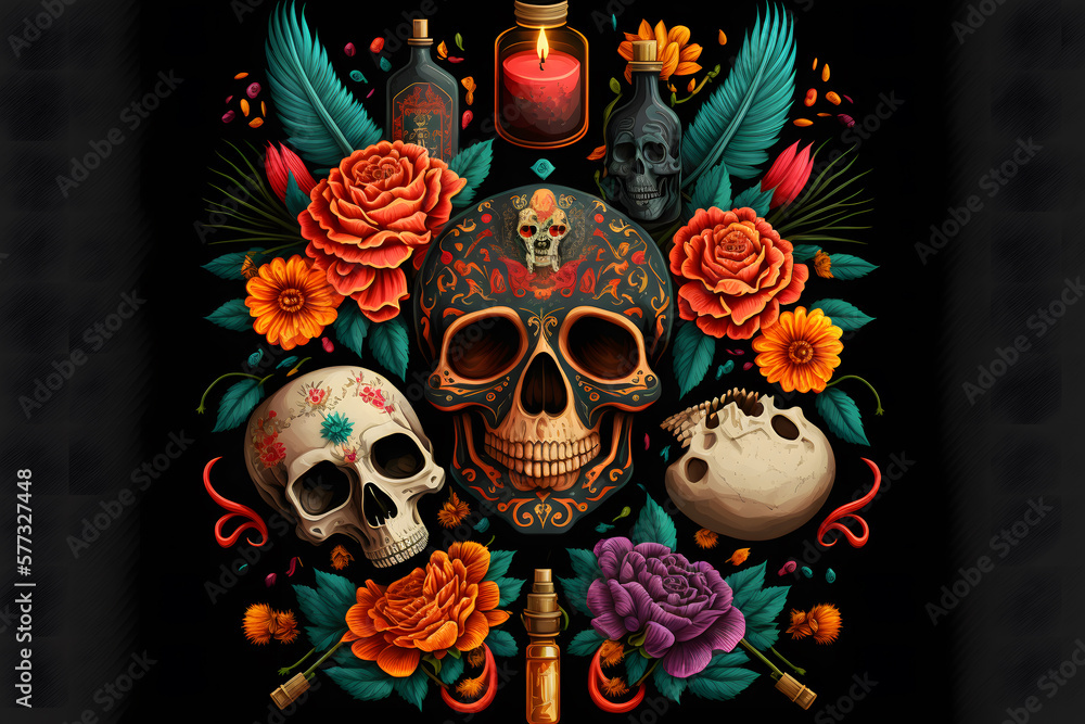 Composition with skulls and flowers for santa muerte celebrating ...