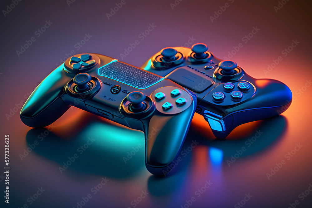 Two console gaming controllers with many buttons and glossy shiny body ...