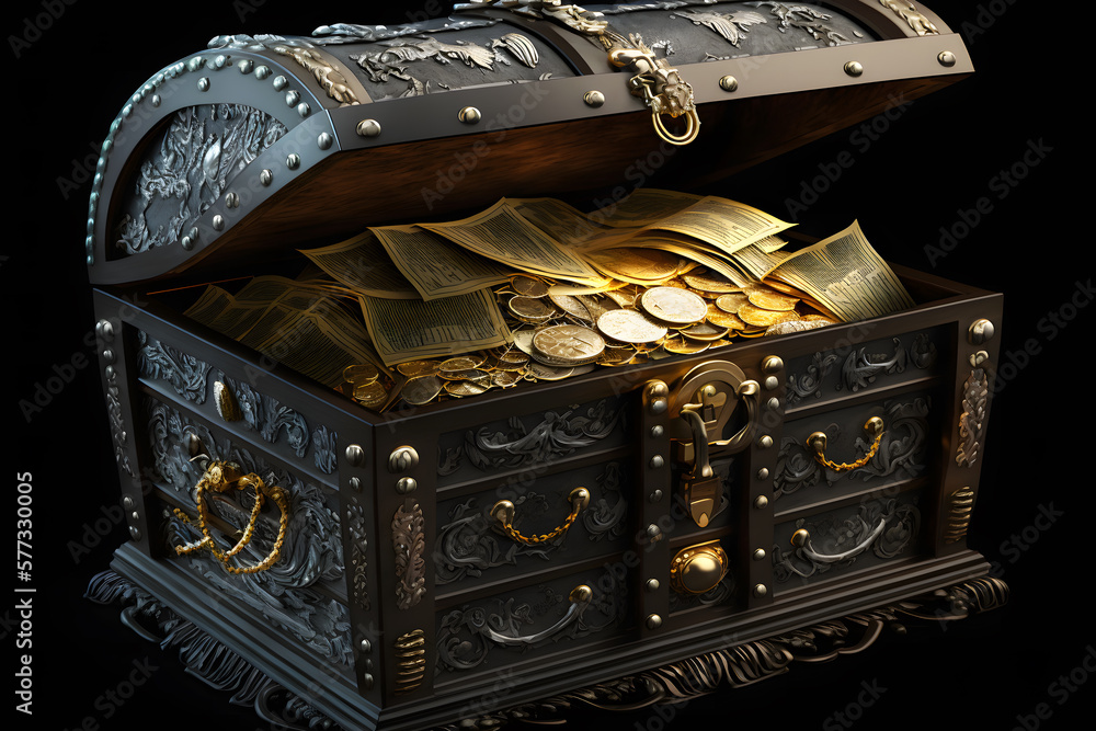 Open treasure chest filled with gold coins and expensive pirates loot ...