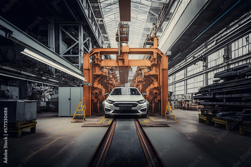 Automation aumobile factory concept. Robot assembly line in car ...