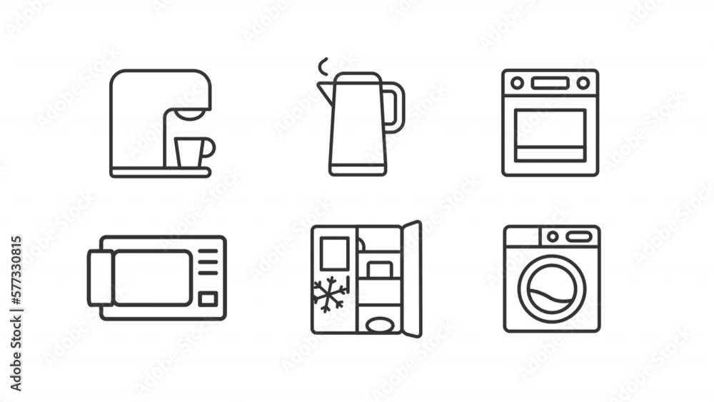 Animated kitchen linear icons. Electric appliances for food preparation ...