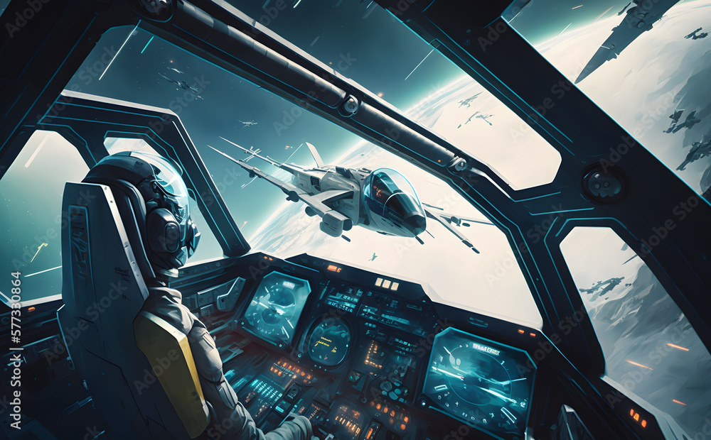 Airplane cockpit view during intergalaxy journey flight or spaceship ...