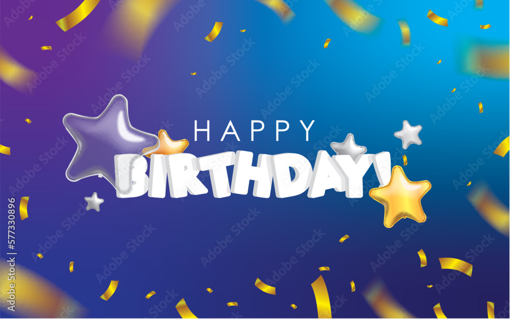 Blue Happy Birthday with Golden confetti and Star Shape Balloons Vector ...
