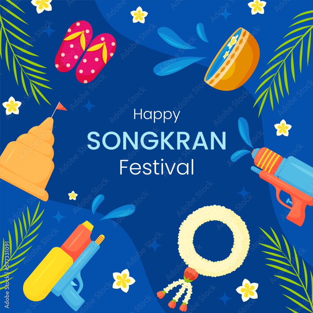 Vector Songkran water festival of Thailand greeting card banner. Gold ...
