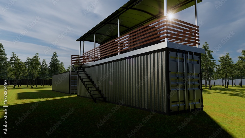 container cafe bar 40 feet 2 floors with Dj at the top - illustration ...