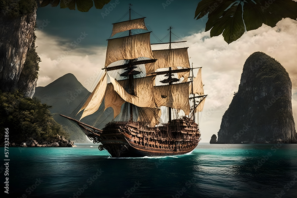 Pirate ship at the open sea close to rocks and small island with palms ...