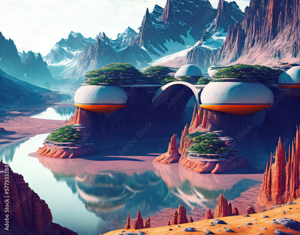 Futuristic buildings on a mountainous planet with a river, green plants ...
