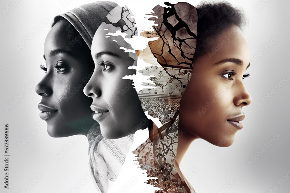 Double exposure of a woman face, mix of different faces, different ...