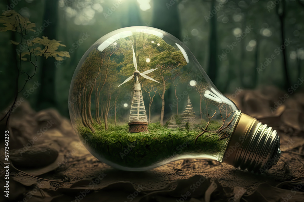 Conceptual image of a light bulb with eolic energy, wind turbines, wind ...