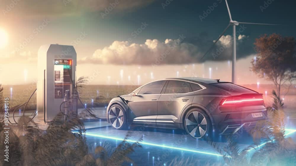 Electric car pulling up to an electric gas station. The camera pans ...