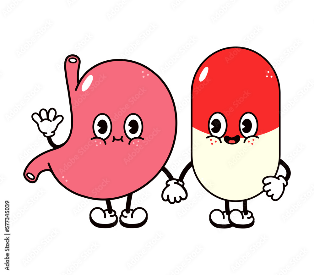 Cute, funny happy stomach and pill character. Vector hand drawn cartoon ...