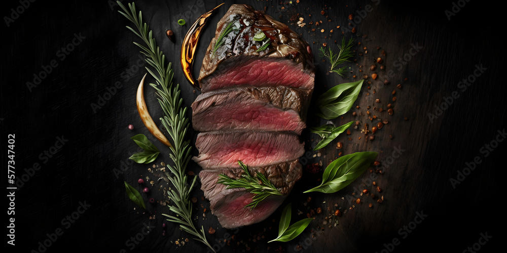 Medium-rare steak ribeye, fork and knife , herbs and spices on black ...