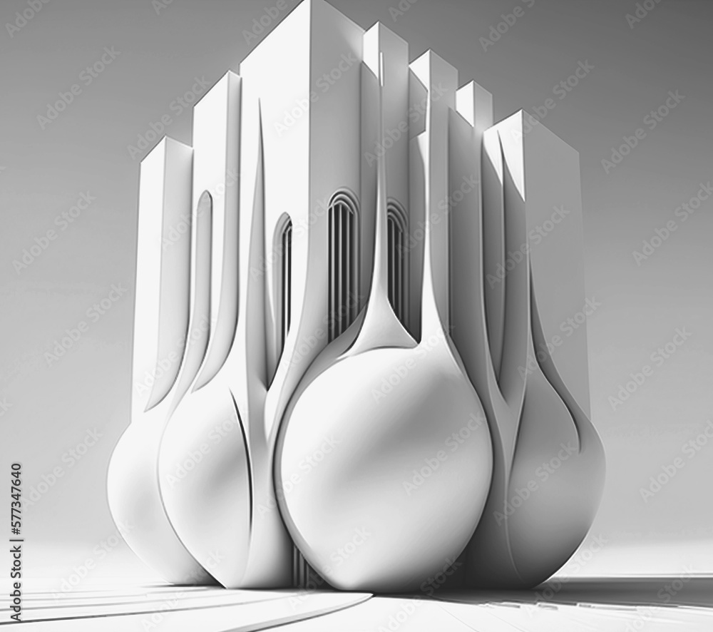 Abstract white cube sculpture or building with round spherical shapes ...