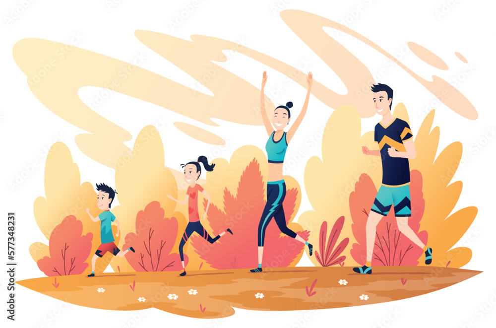 Family running marathon. Mother, father, son and daughter jogging ...