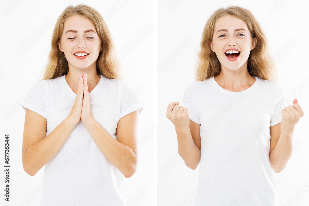 Before after Praying happy girl isolated on white background. Young ...