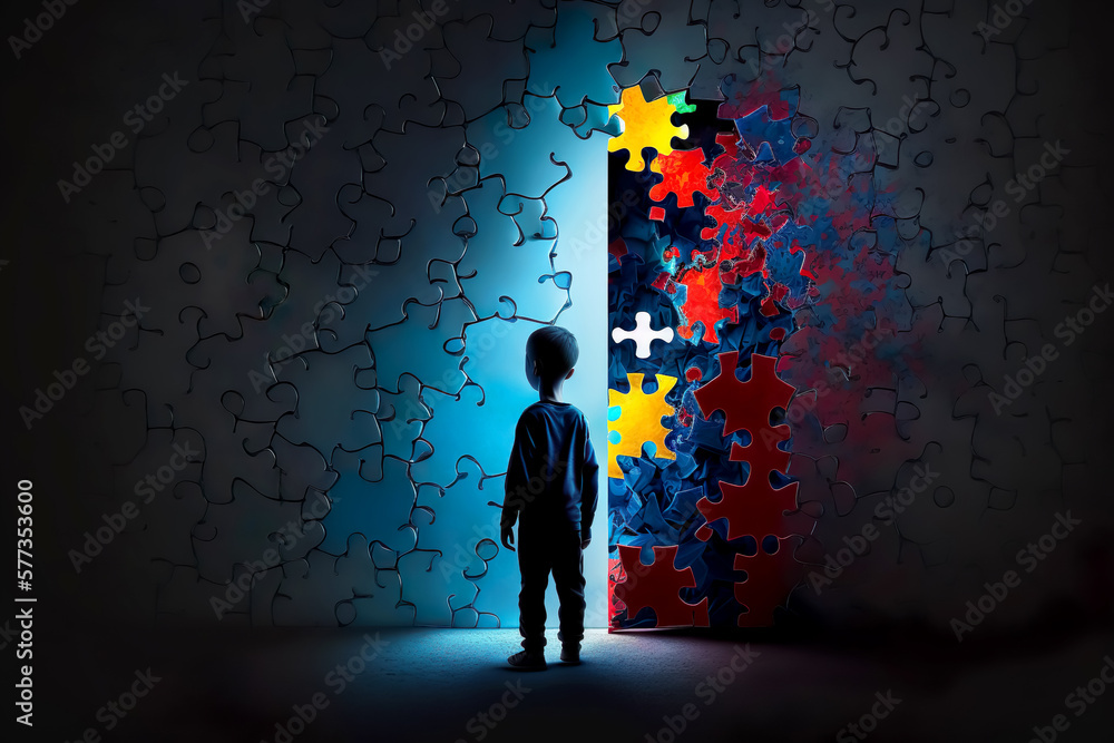 World autism awareness day. Little boy standing before the wall made ...