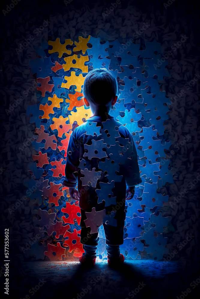 World autism awareness day. Little boy standing before the wall made ...