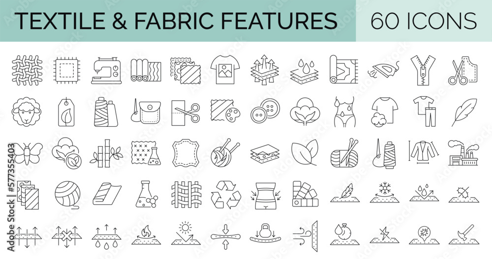 Set of 60 line icons related to textile industry, fabric feather ...