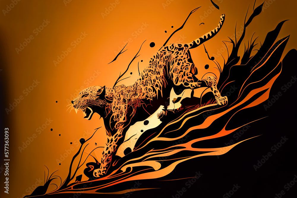 leopard peeks out of the dark. stealth concept. art illustration ...