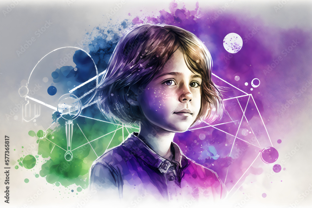 watercolor painting of child with scientific diagrams created with ...