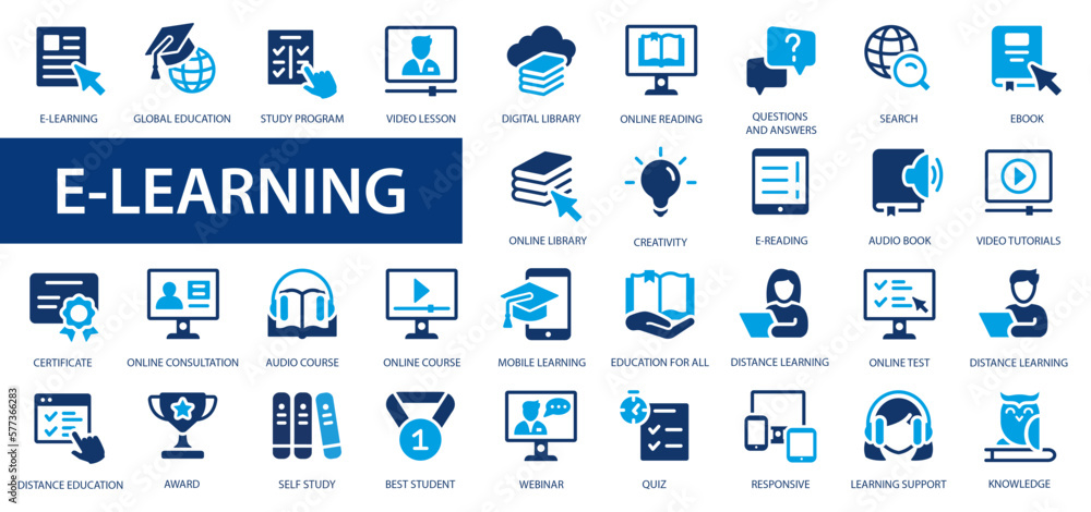 E-learning, online education icons set. 60 Electronic learning icons ...
