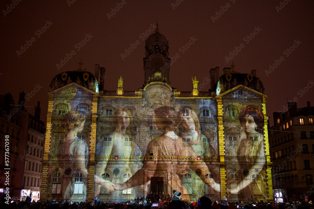 Magnificent Lyon city hall on the Terreaux square during the famous festival of lights in ...