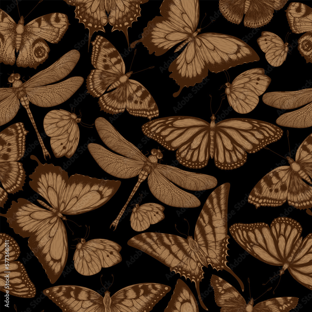 Seamless vector dark pattern with insects. Monarch butterfly, hive ...