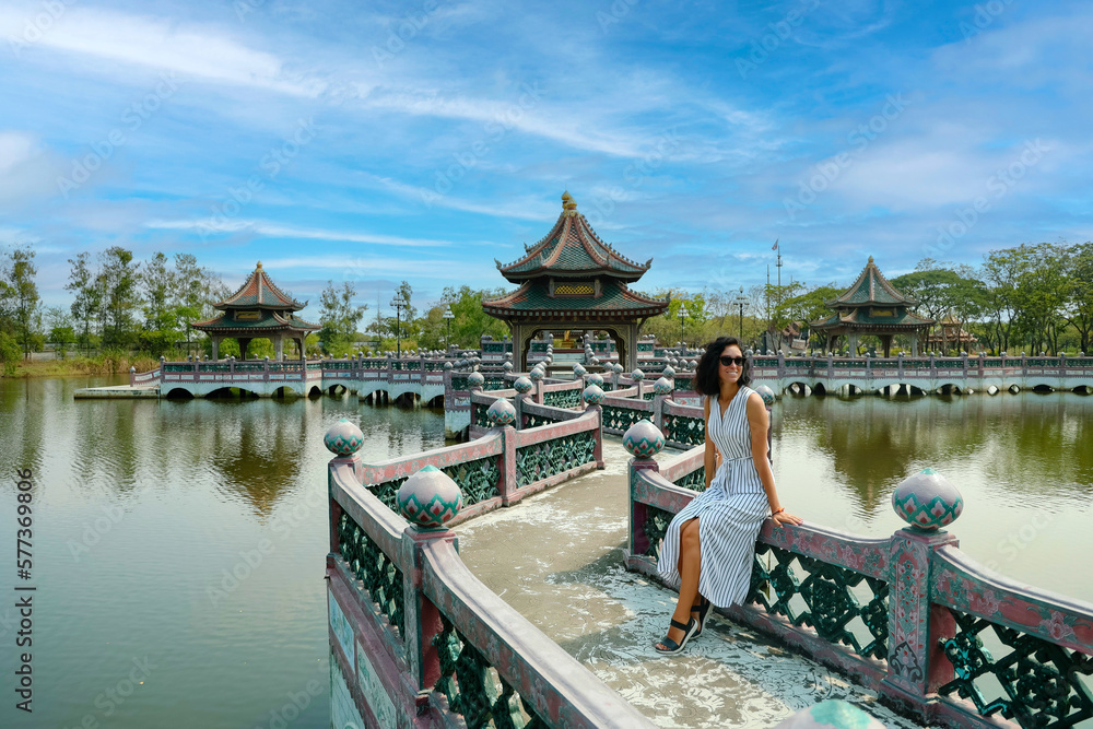 Beautiful brunette girl in front of Ancient Siam Ancient Siam is a park ...