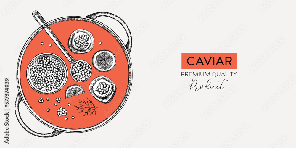 Hand drawn seafood platter in collage style. Canned caviar, red caviar ...