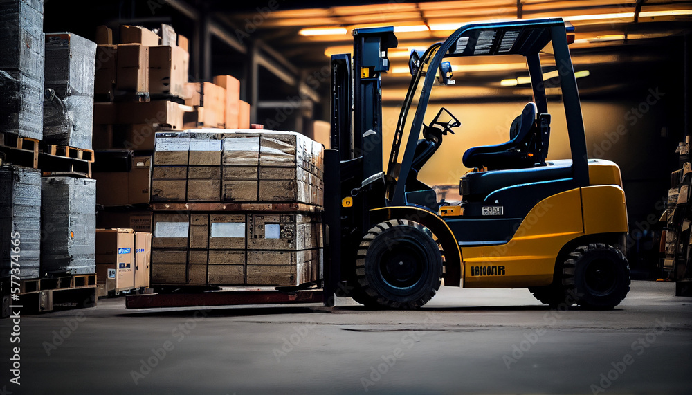 Image of a forklift lifting a stack of boxes generated by AI Stock ...