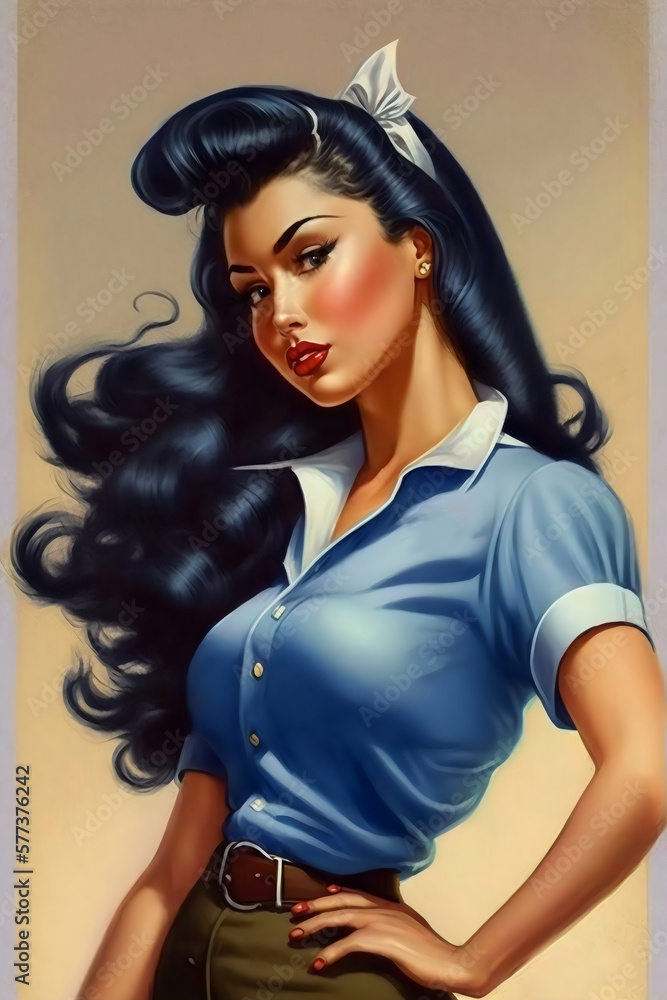 Beautiful Vintage 1940s Pinup Woman With Long Black Hair Wearing