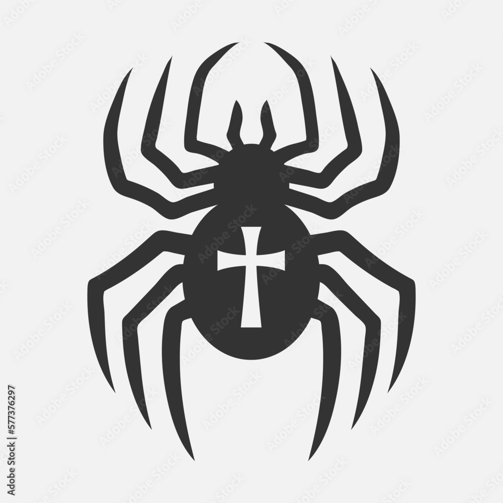 Black spider with 12 legs and a white cross on its back. Vector ...